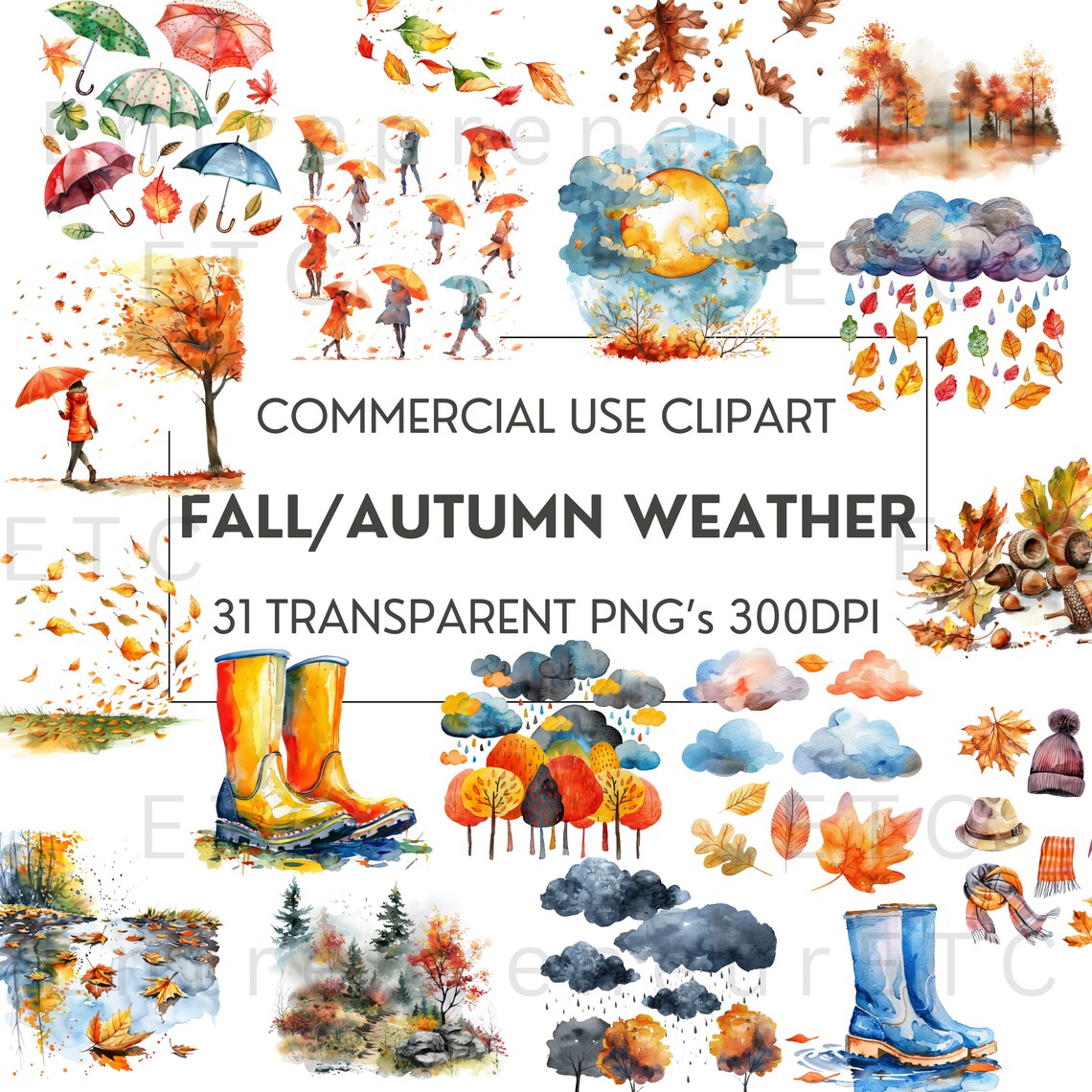 Fall Weather Watercolor Clipart, 31 PNG Clip Art, Autumn Weather, Rain ...