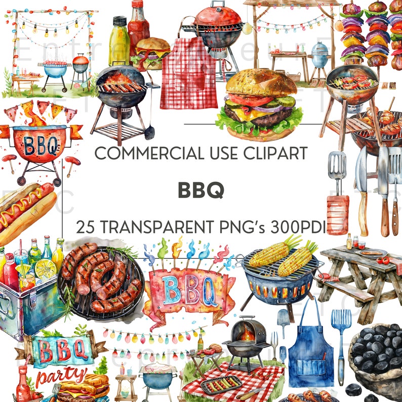 BBQ Watercolor Clipart, 25 PNG Clip Art Summer Barbecue Images ...