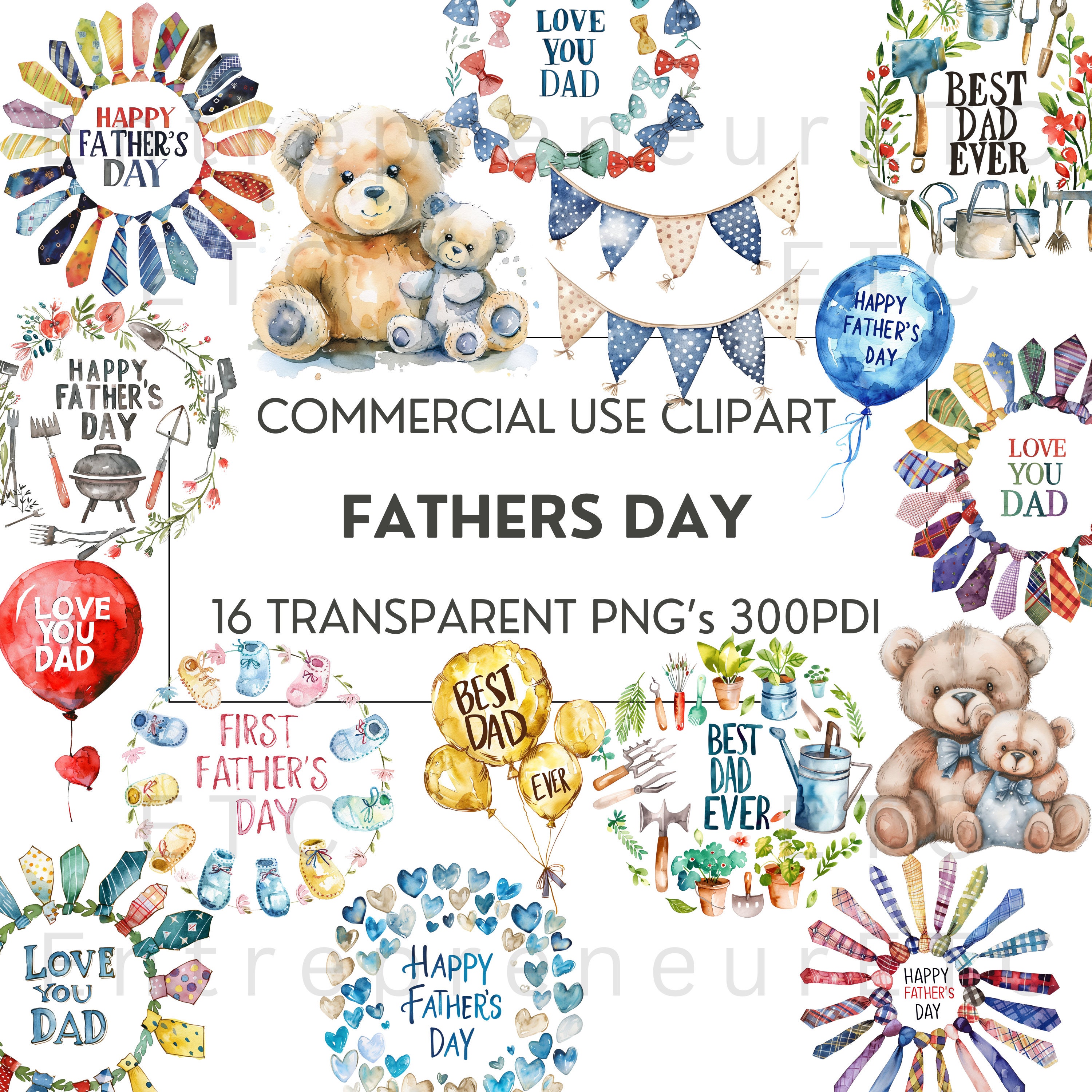 Watercolor Father’s Day Clipart, Happy Fathers Day Clip Art Bundle, 16 ...