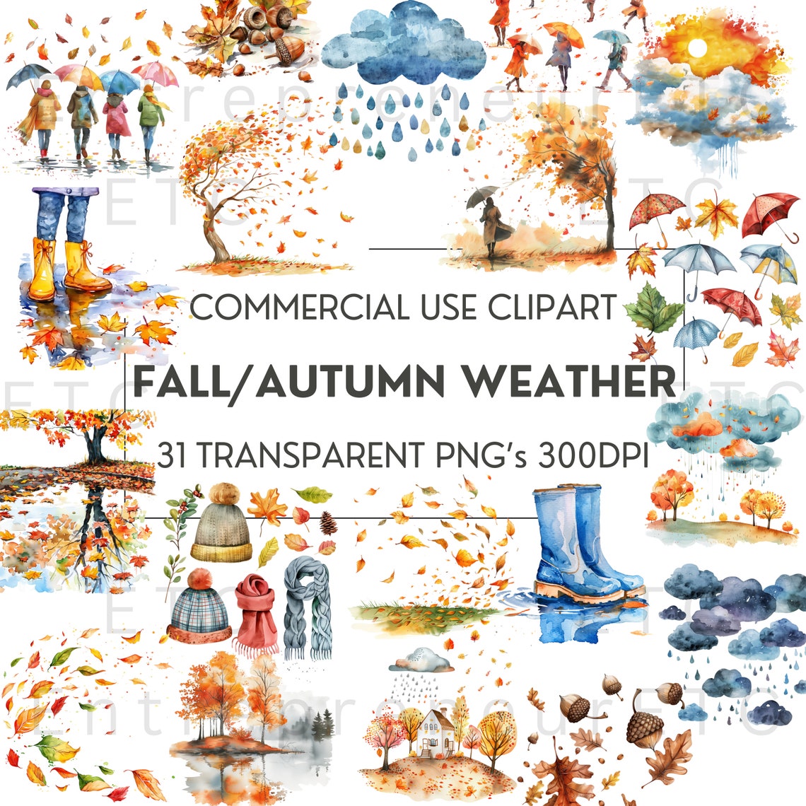 Fall Weather Watercolor Clipart, 31 PNG Clip Art, Autumn Weather, Rain ...