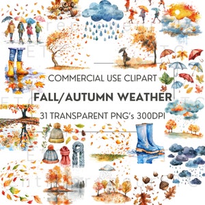 Fall Weather Watercolor Clipart, 31 PNG Clip Art, Autumn Weather, Rain ...