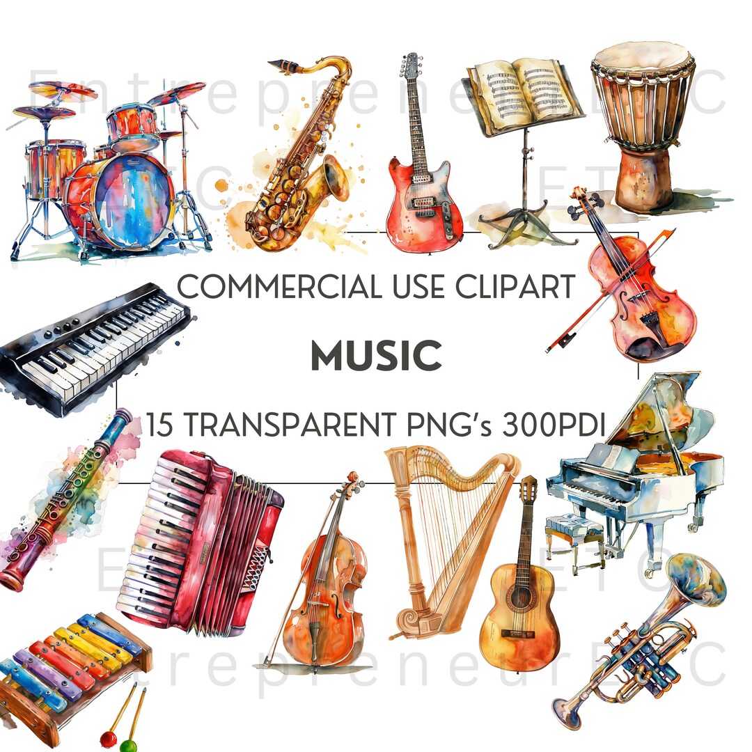 Watercolor Musical Instruments Clipart, Music Clip Art Bundle, 15 Png's ...