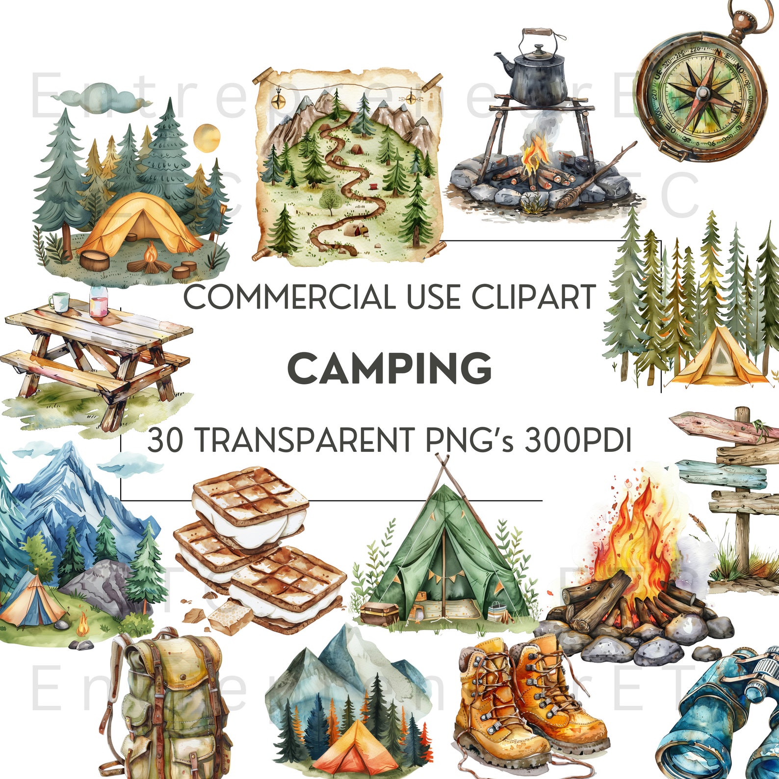 Camping Watercolor Clipart, 30 PNG Clip Art Bundle, Tent, Camp Fire ...