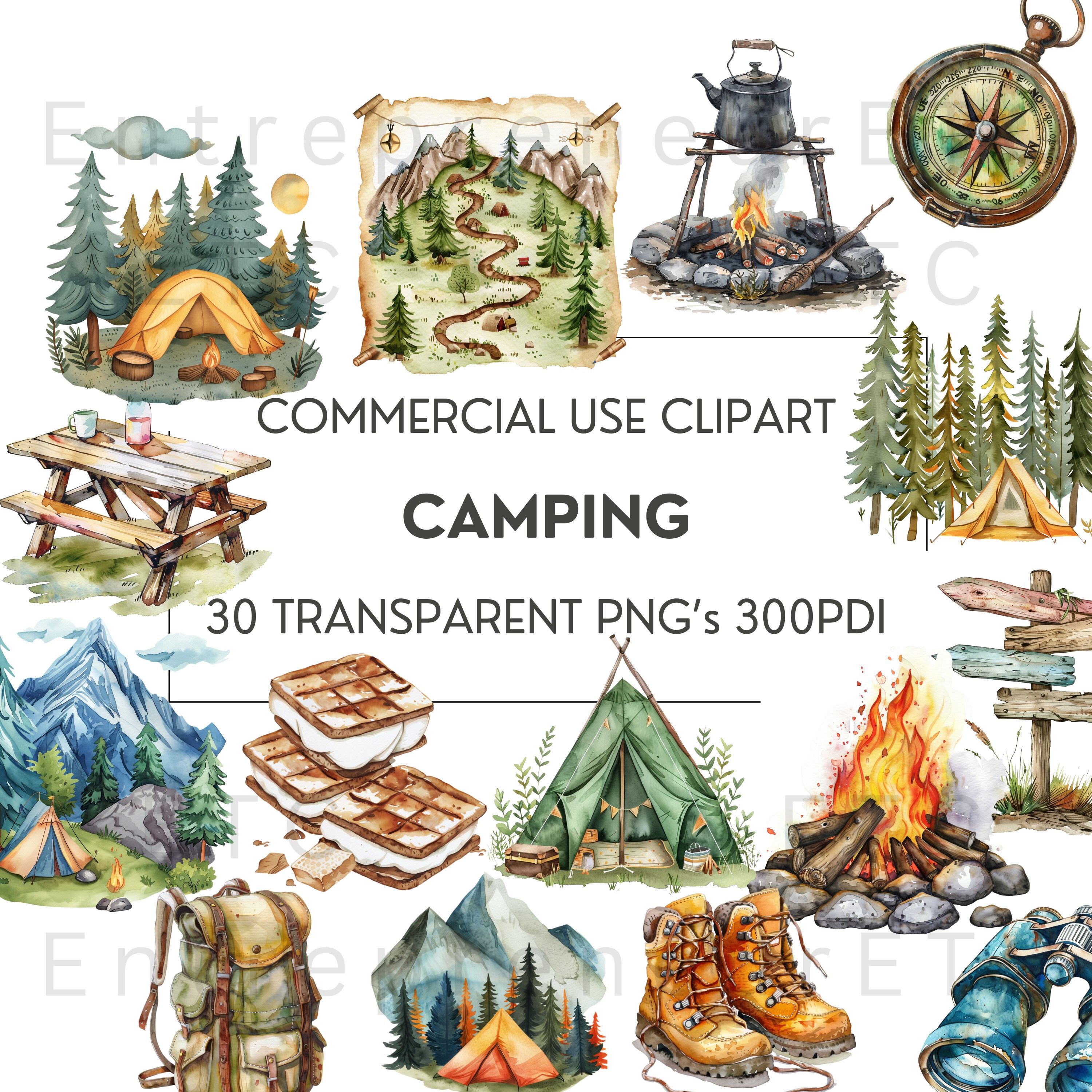 Camping Watercolor Clipart, 30 PNG Clip Art Bundle, Tent, Camp Fire ...