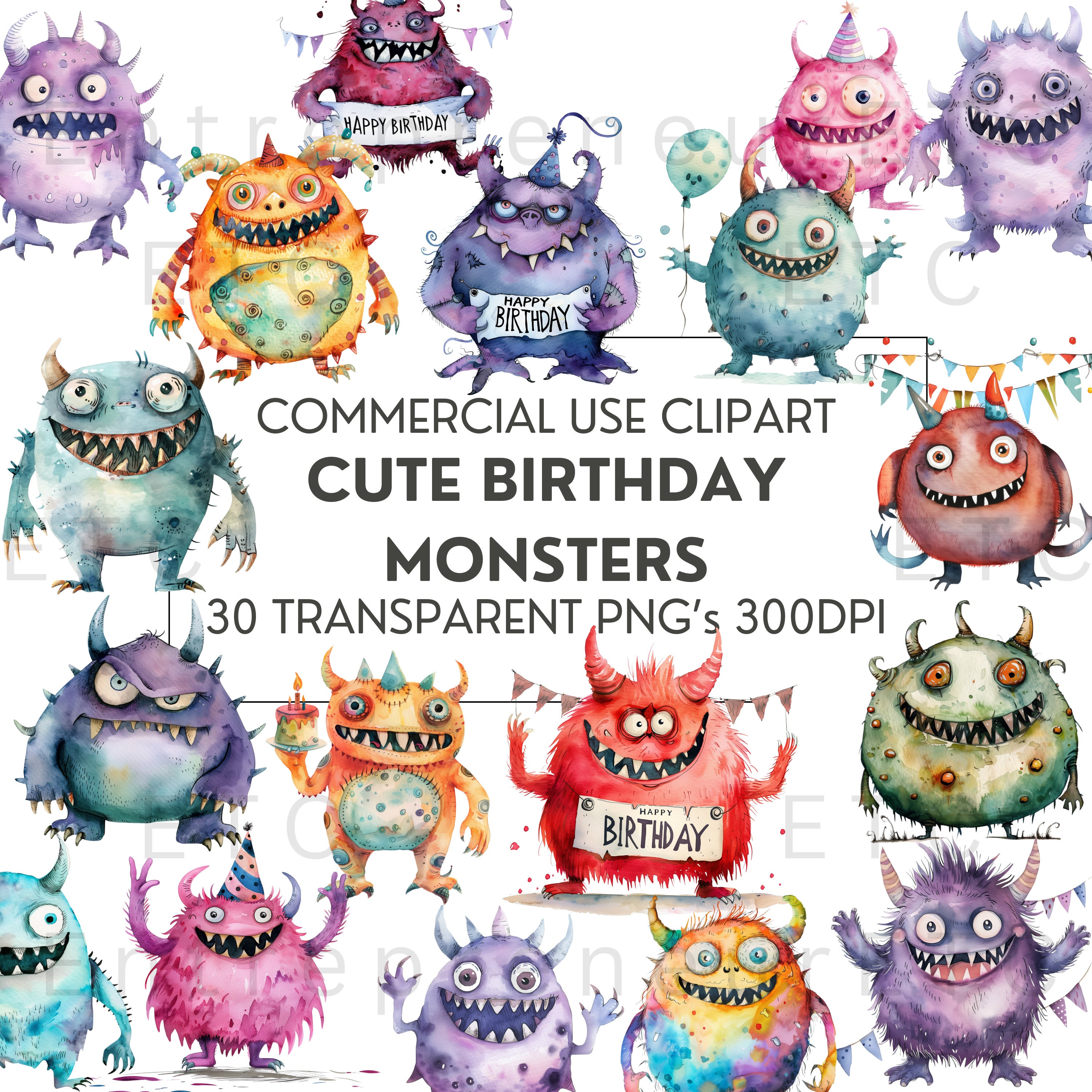 Cute Birthday Monster Clipart, 30 PNG Watercolor Clip Art Bundle, for ...