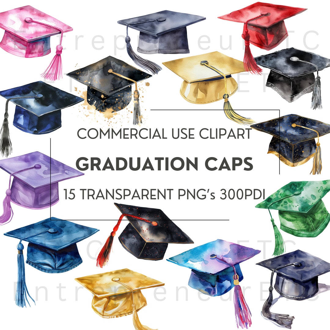 Graduation Clipart, 15 Watercolor Graduation Caps, Digital PNG ...