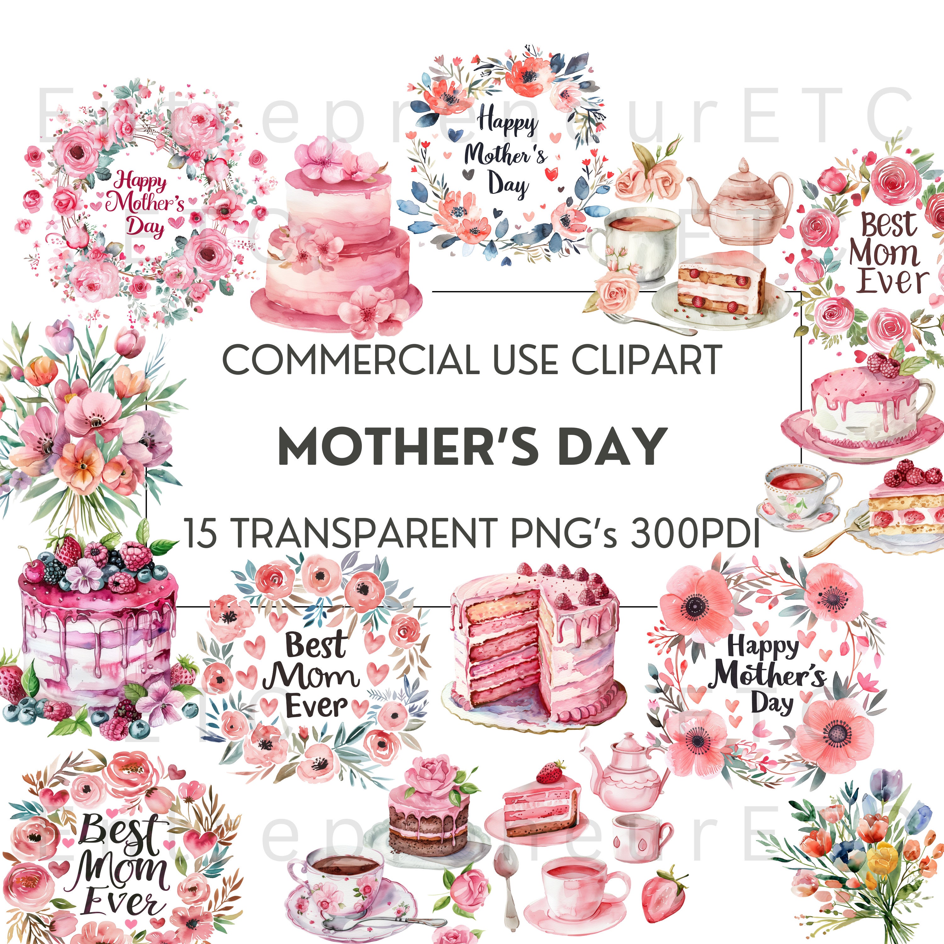 Watercolor Mothers Day Clipart, Happy Mothers Day Clip Art Bundle, 15 ...