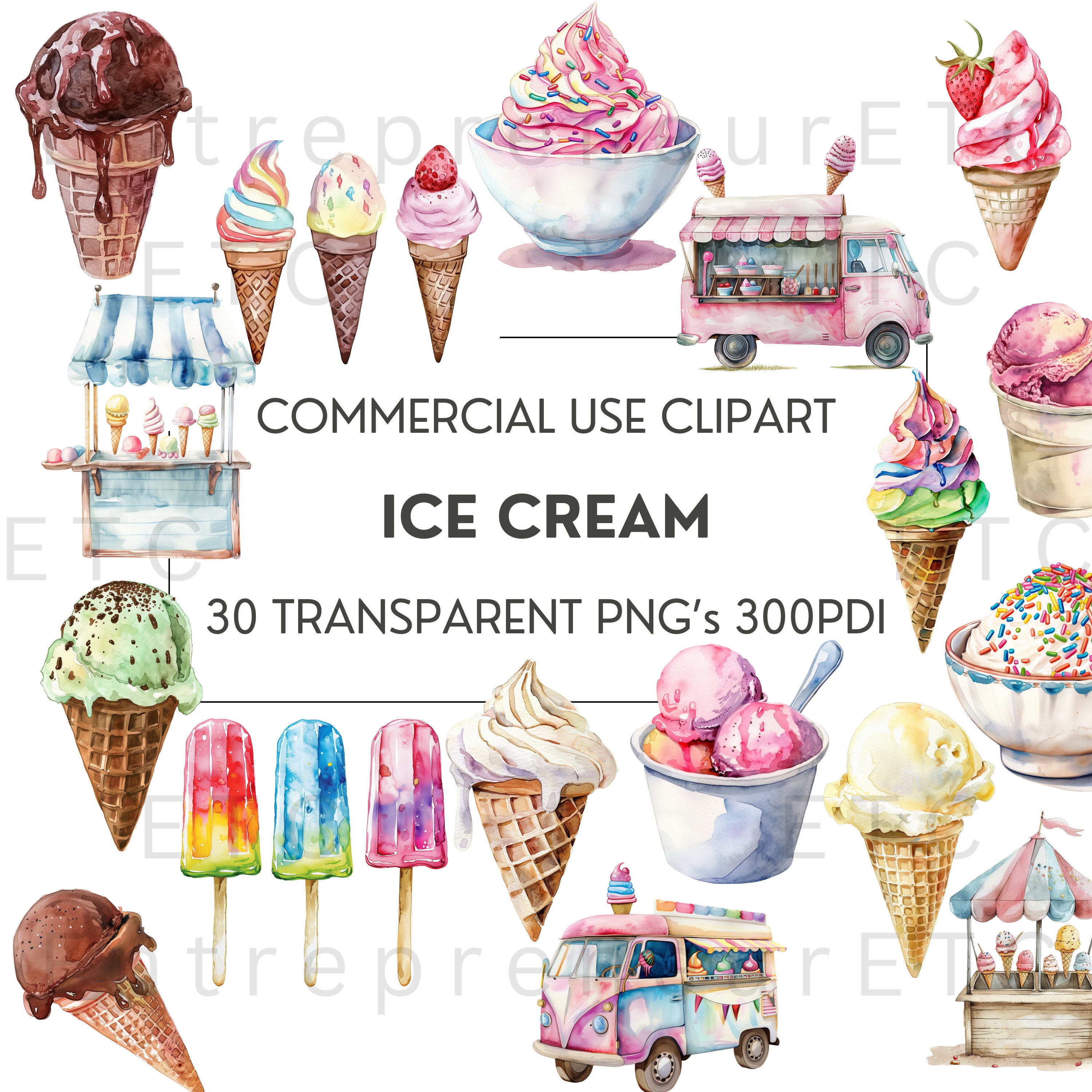 Ice Cream Watercolor Clipart, 30 PNG Summer Clip Art Bundle, Ice Cream ...