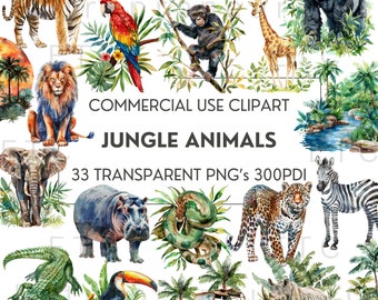 Jungle Animal Watercolor Clipart, 33 PNG Safari Clip Art, Lion Tiger ...