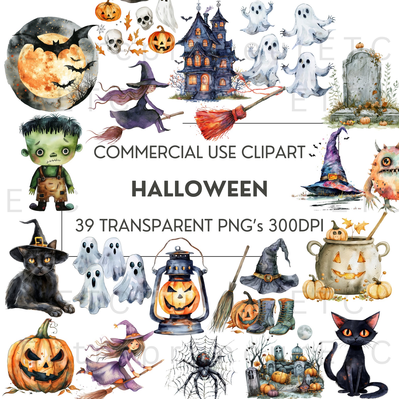 Halloween Watercolor Clipart, 39 PNG Clip Art Cute Spooky Images, Witch ...