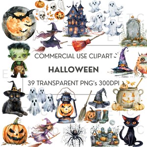 Halloween Watercolor Clipart, 39 PNG Clip Art Cute Spooky Images, Witch ...