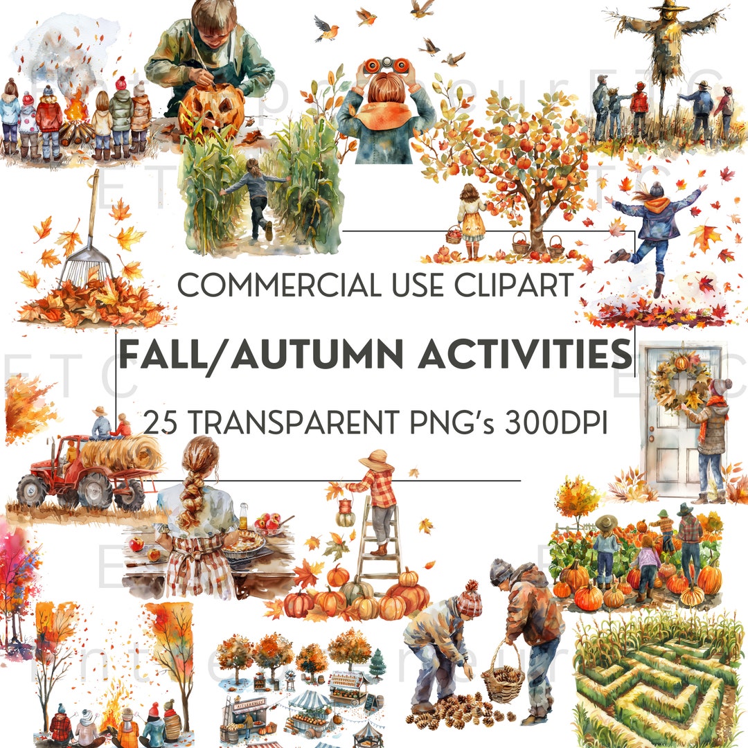 Fall Activities Watercolor Clipart, 25 PNG Clip Art, Autumn Fun, Leaves ...
