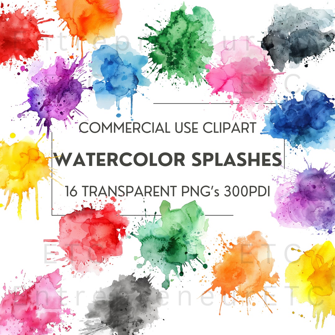 Watercolor Splash Clipart, 16 Watercolor Splatter PNG Bundle, Paint ...