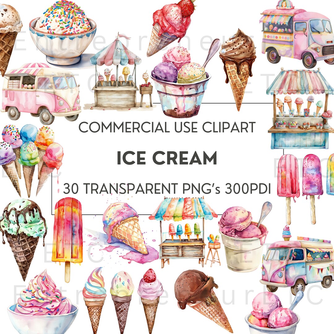 Ice Cream Watercolor Clipart, 30 PNG Summer Clip Art Bundle, Ice Cream ...