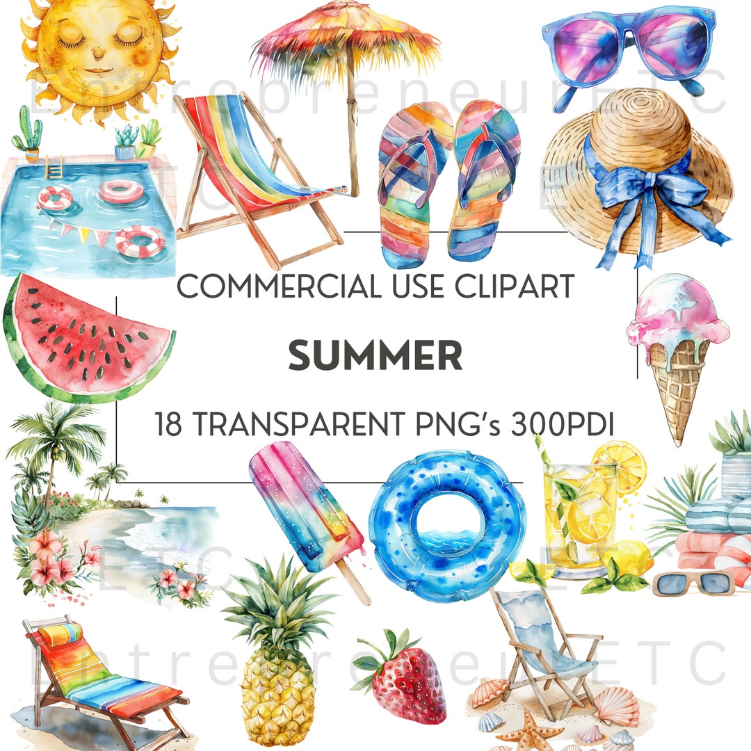Summer Watercolor Clipart, Beach Pool Vacation Clip Art Bundle, Summer ...