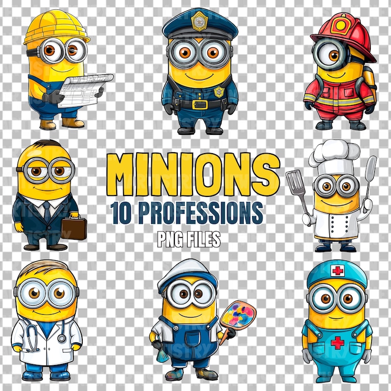 Minions in 10 Professions PNG | Minion Clipart for T-shirts, Mugs ...