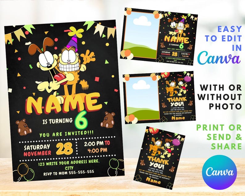 Garfield Birthday Invitation Kids Birthday Invite Canva Digital Printed ...