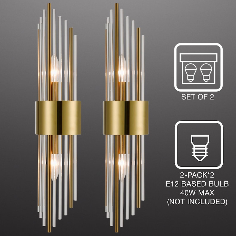 Cipriani Modern Metal Wall Sconce With Crystal Clear Glass Rods, Set of ...