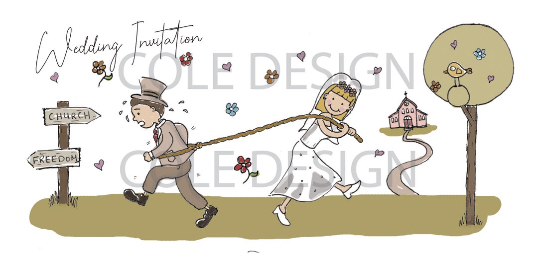 Digital Drawn Cute and Quirky Funny Wedding Invitation - Rope Pulling ...