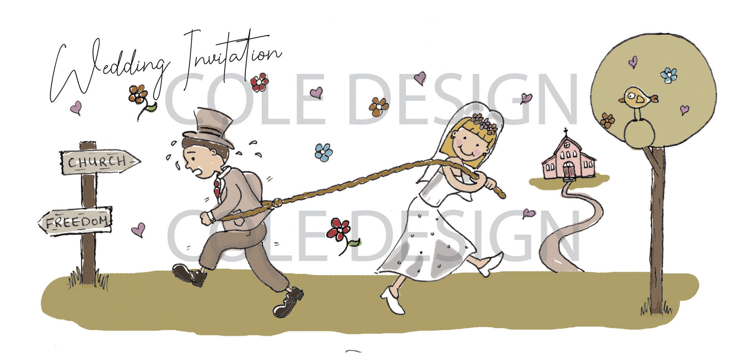Digital Drawn Cute and Quirky Funny Wedding Invitation - Rope Pulling ...