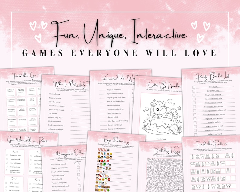 Girls Pink Printable Party Games 20 Pack Birthday Bundle Set Him ...