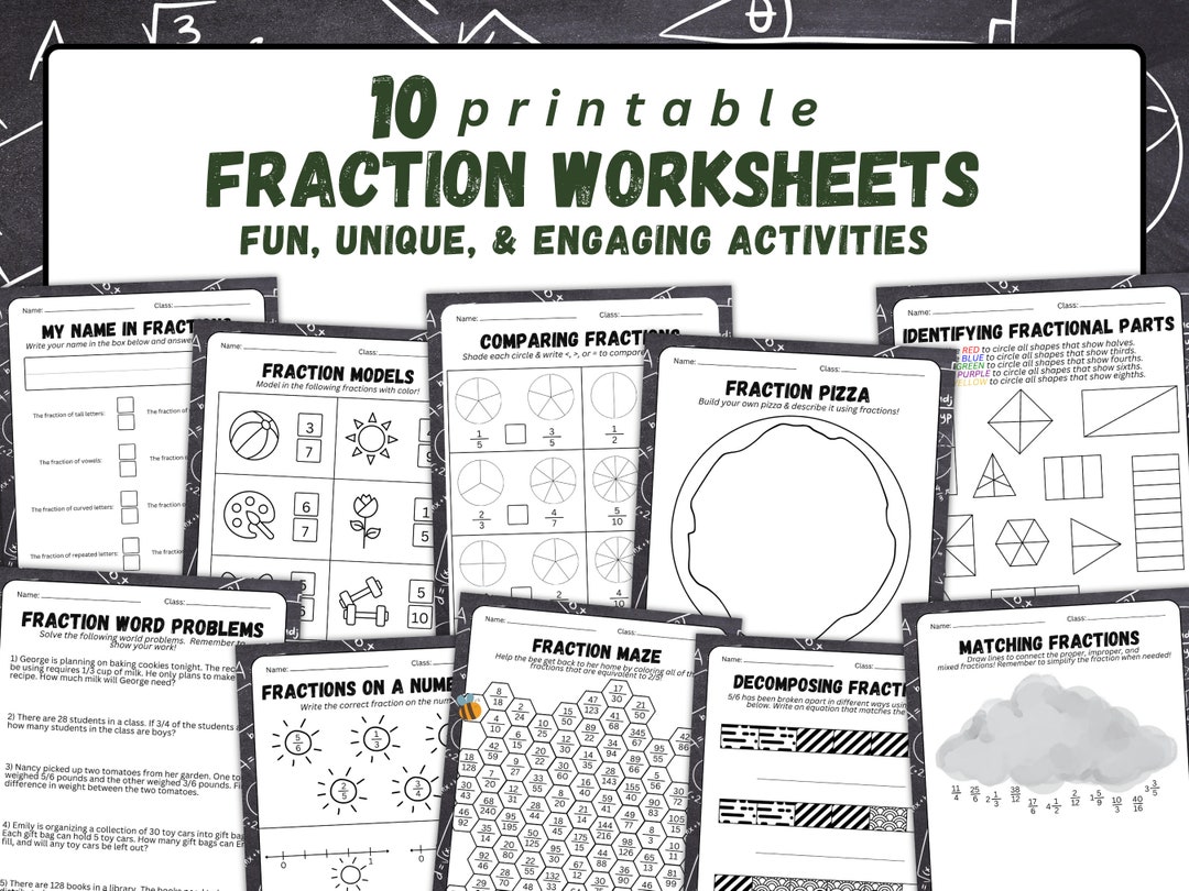Fun Fractions Worksheets for Elementry Middle School Students 10 Pack ...