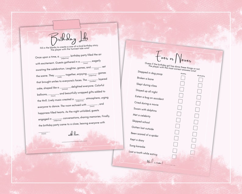 Girls Pink Printable Party Games 20 Pack Birthday Bundle Set Him ...