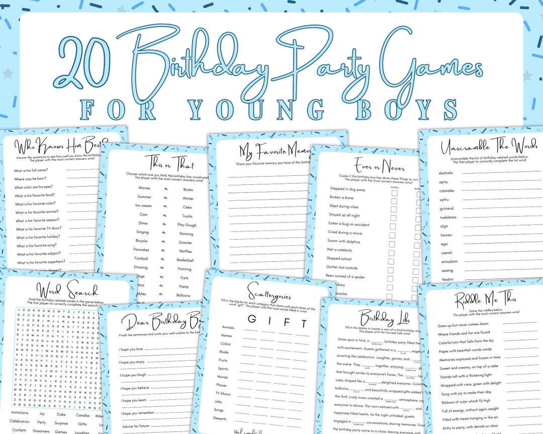 Boys Blue Printable Party Games 20 Pack Birthday Bundle Set Him ...