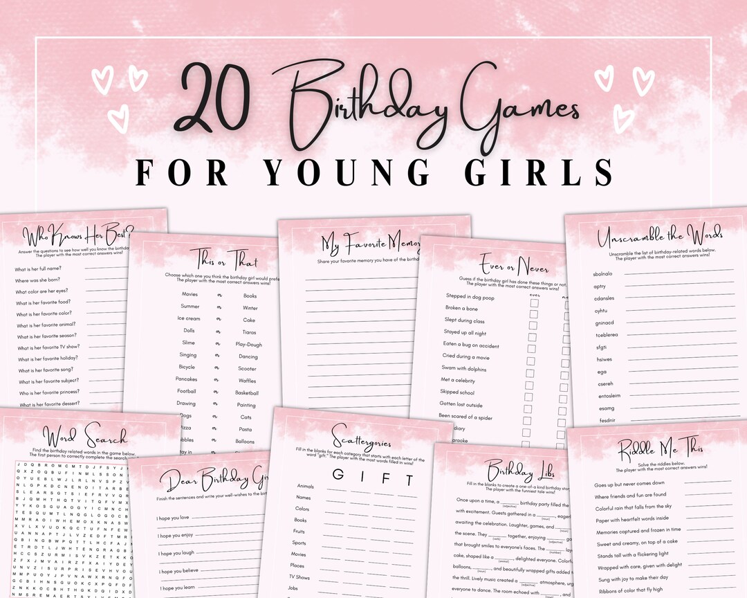 Girls Pink Printable Party Games 20 Pack Birthday Bundle Set Him ...
