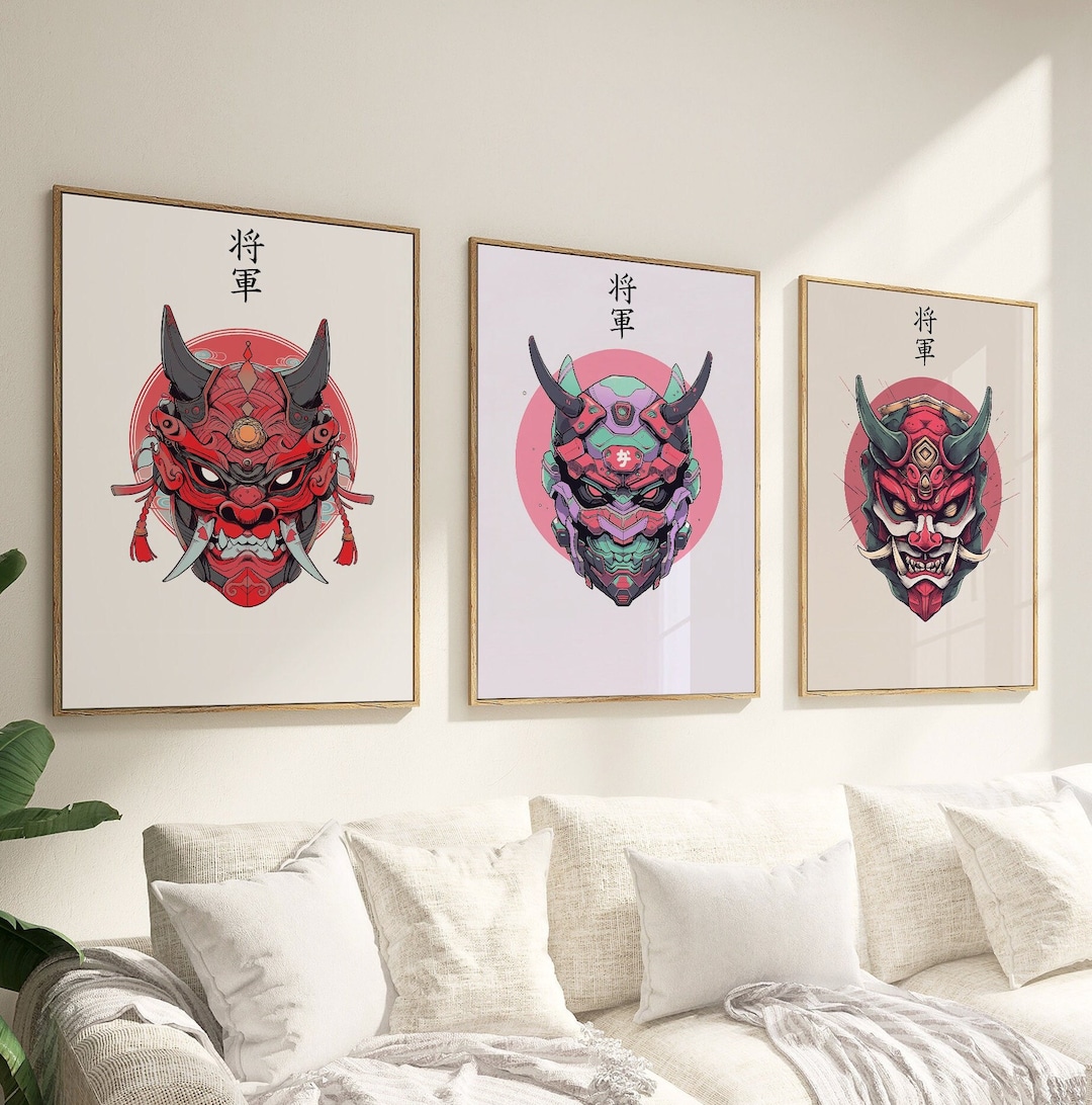 Set of 3, Shogun Mask Art, Japanese Shogun Art, Japanese Poster ...
