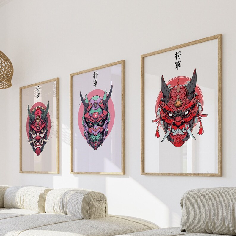 Set of 3, Shogun Mask Art, Japanese Shogun Art, Japanese Poster ...
