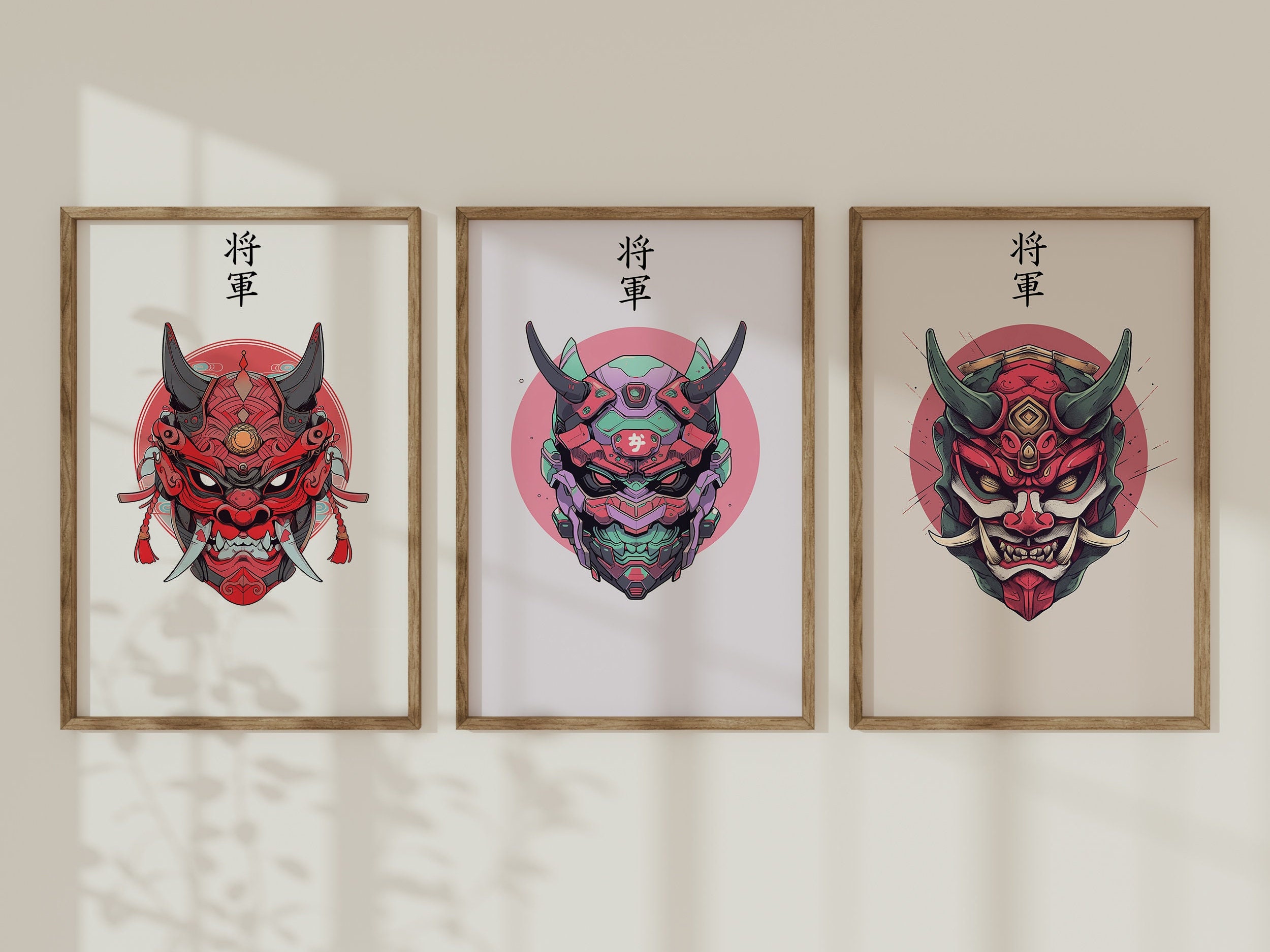 Set of 3, Shogun Mask Art, Japanese Shogun Art, Japanese Poster ...
