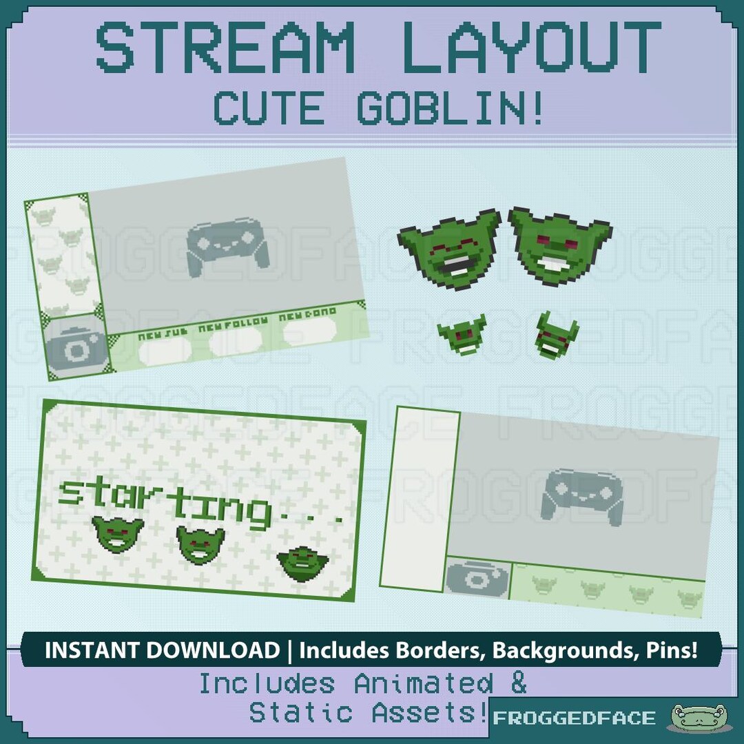 Stream Layout Package - Cute Green Goblin Pixel Art Plug'n'play Assets ...