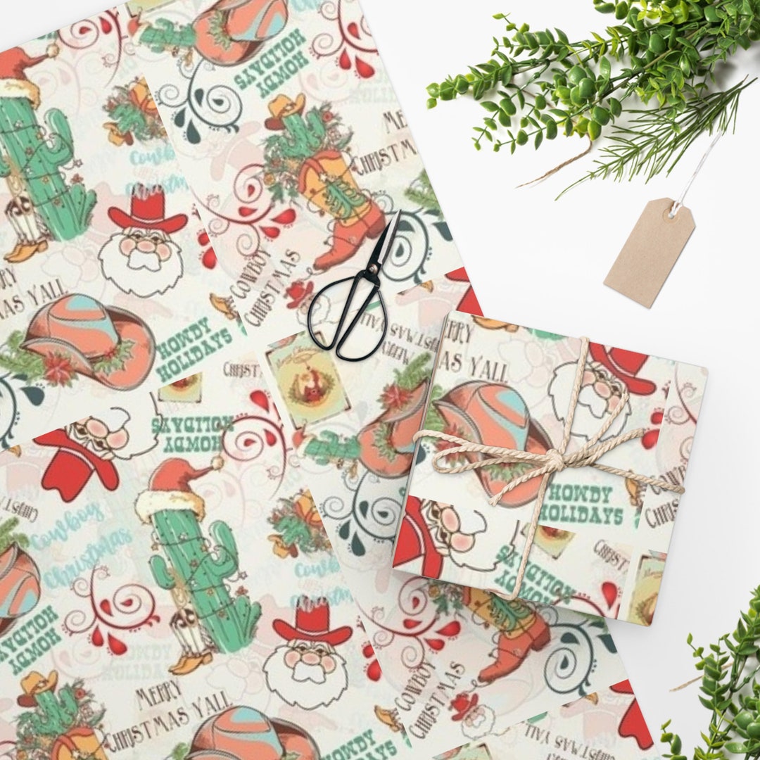Vintage Cowboy Santa Wrapping Paper, Gift Wrap Paper, Cowboy Christmas ...