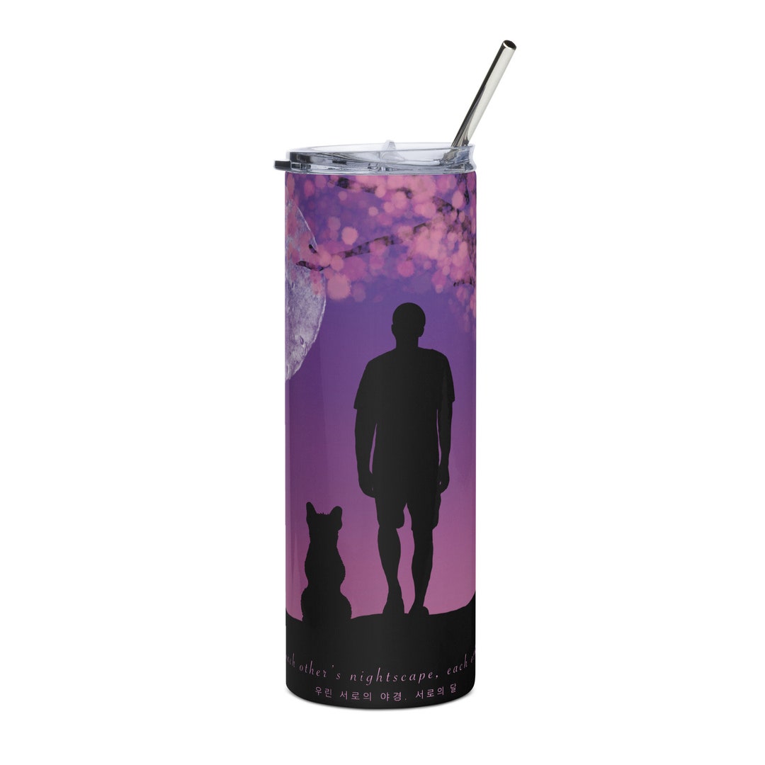 K-pop Man With Dog moni at Dusk Under Cherry Blossom Tree Stainless ...