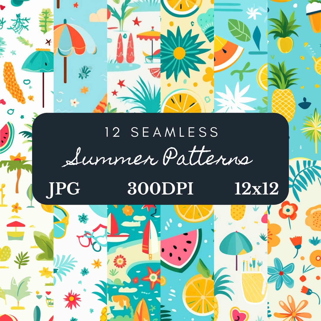 12 Summer Themed Patterns, Seamless Digital Summer Backgrounds, Beach ...