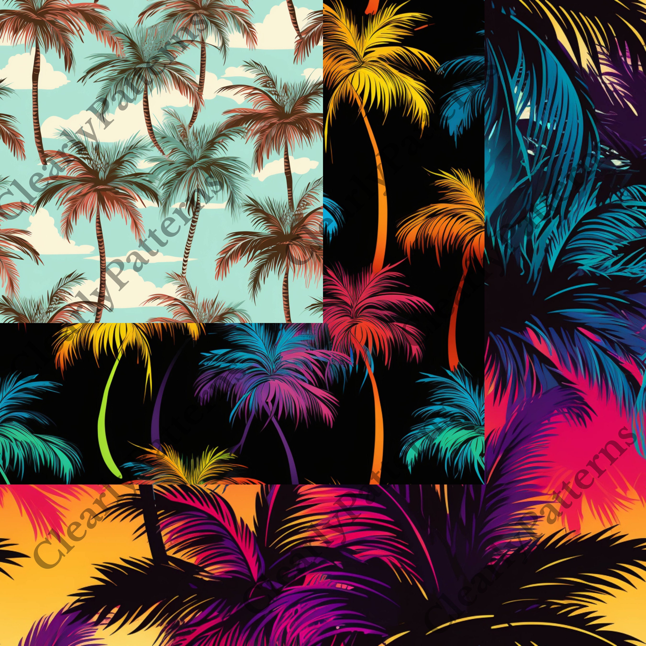 12 Colorful Palm Tree Patterns, Seamless Digital Backgrounds, Digital ...