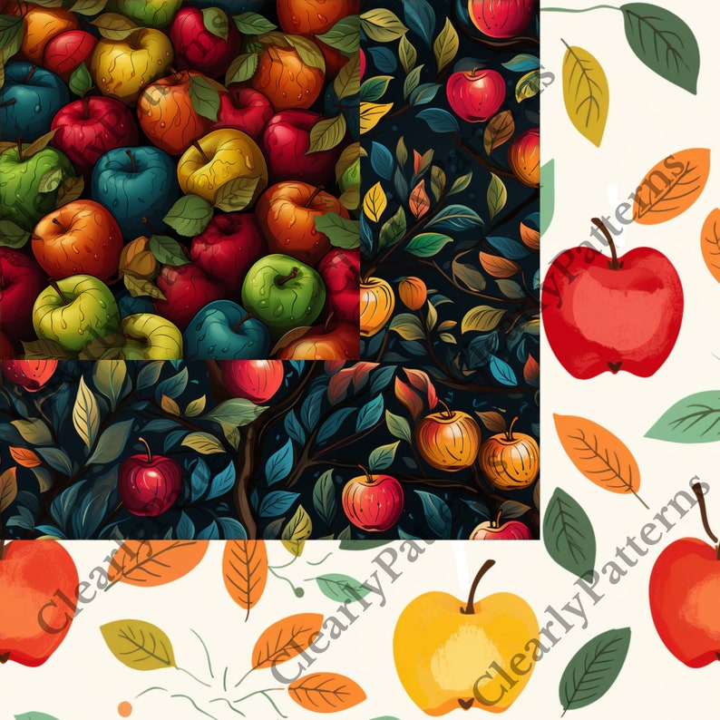 12 Seamless Fall Themed Apple Patterns, Apple Backgrounds, Digital ...