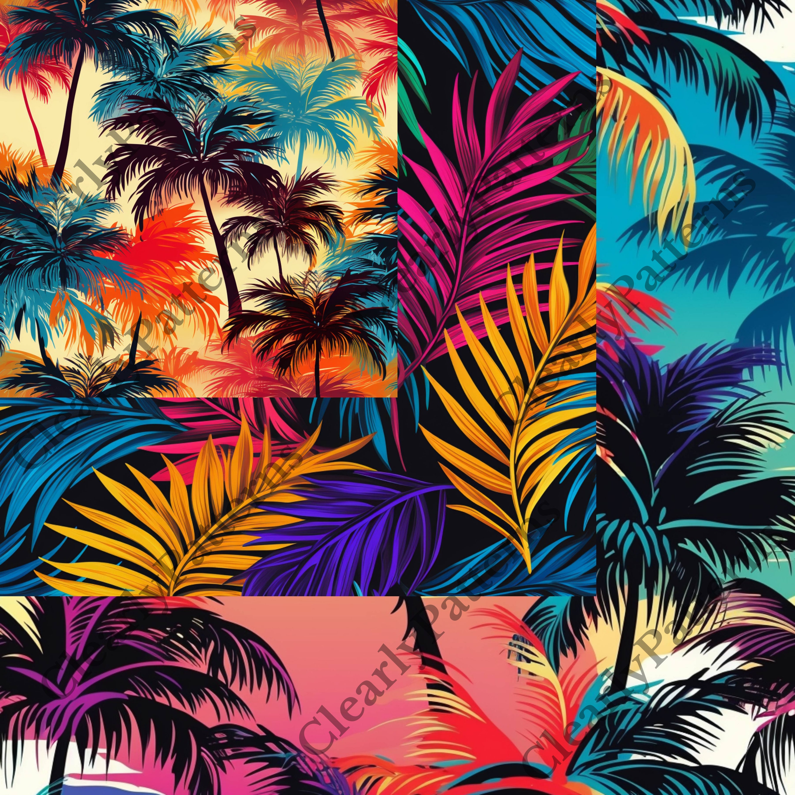 12 Colorful Palm Tree Patterns, Seamless Digital Backgrounds, Digital ...