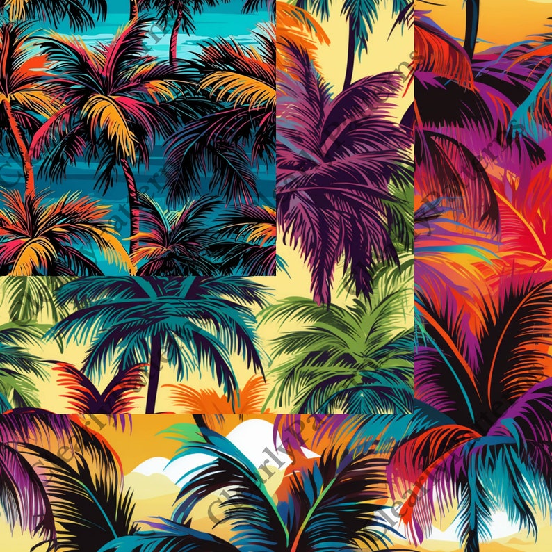 12 Colorful Palm Tree Patterns, Seamless Digital Backgrounds, Digital ...