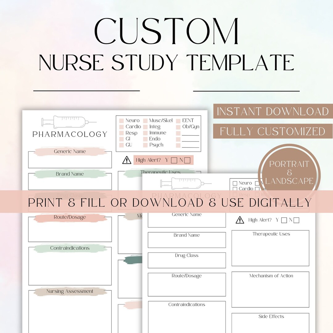 Custom Nurse Study Template, Pharmacology Template, Nursing School ...