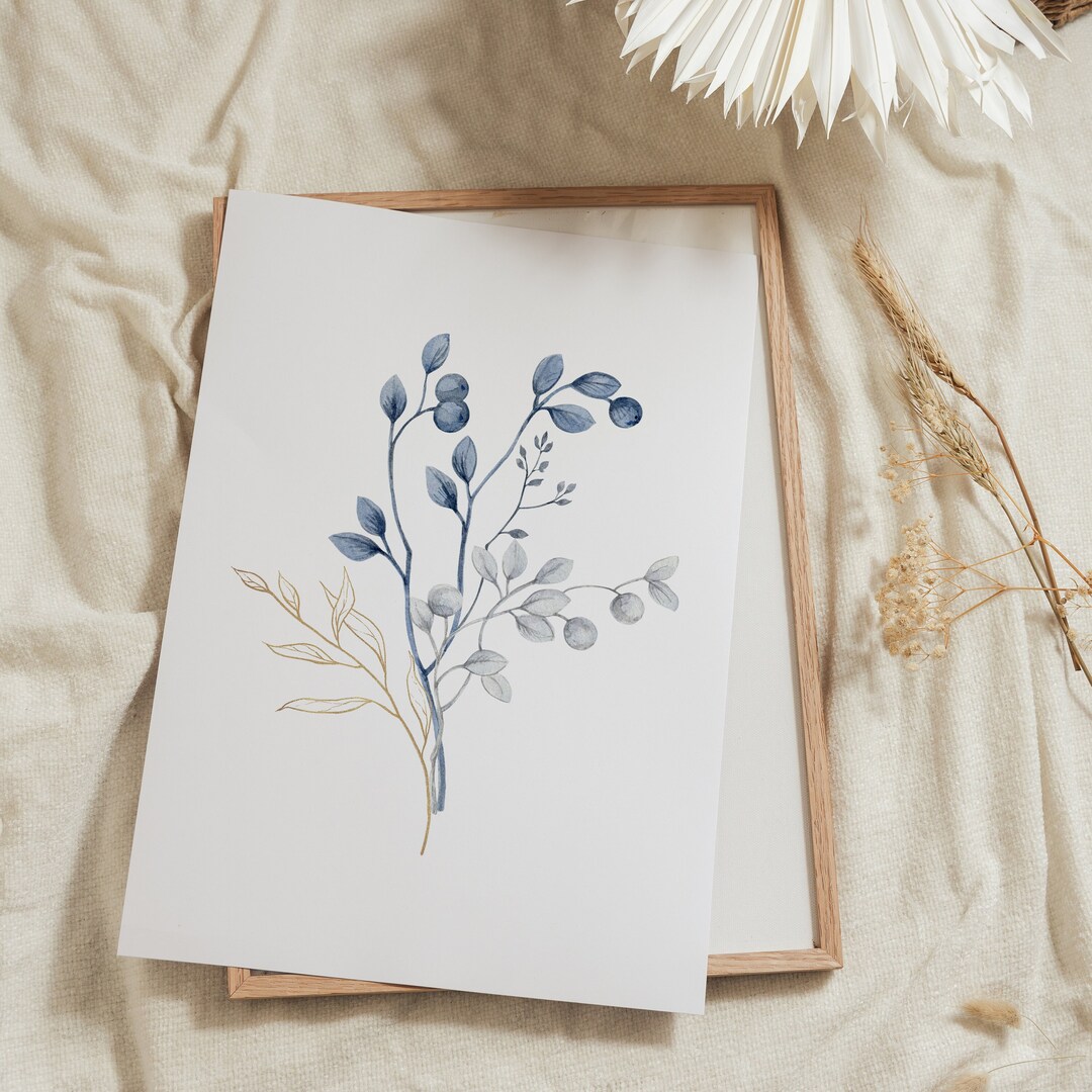 Blueberry Watercolor Art Print, Printable Blue Plant Poster, Charming ...