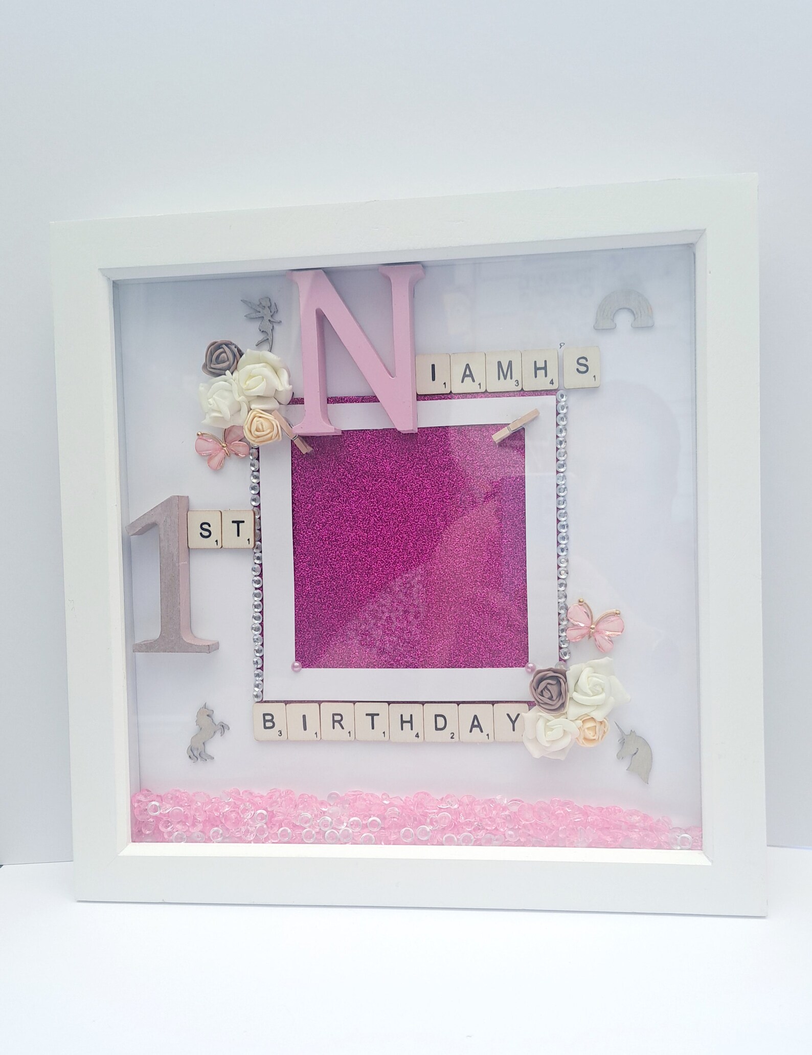 Handmade Personalised Girls 1st Birthday Shadow Box White Frame for ...