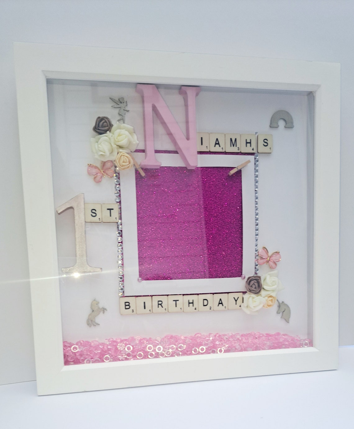 Handmade Personalised Girls 1st Birthday Shadow Box White Frame for ...