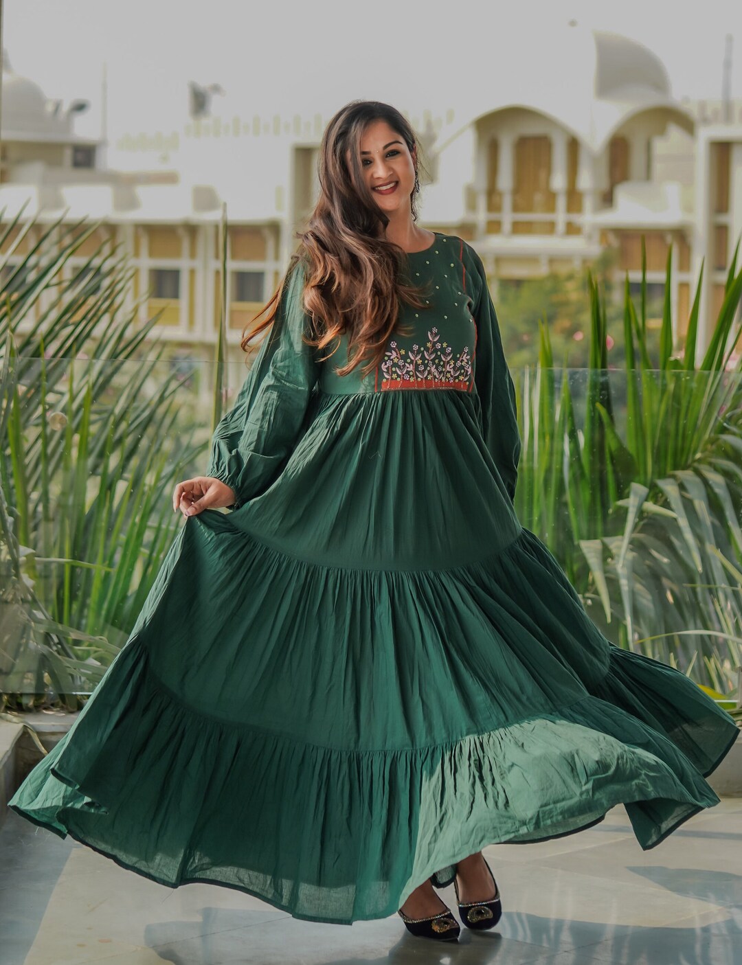 Dark Green Cotton Long Dress - Etsy