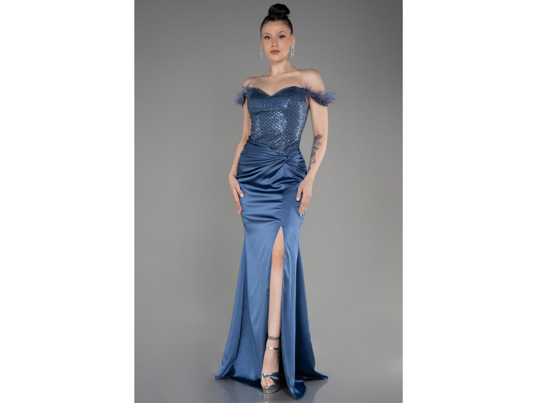 Maxi Indigo Satin Evening Prom Dress for Woman, Bridesmaid Dress ...