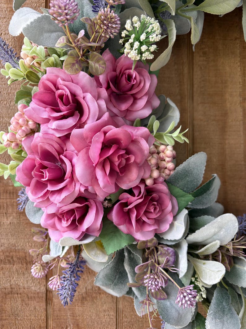 Spring Summer Lambs Ear Rose Lavender Wreath, Farmhouse Front Door ...