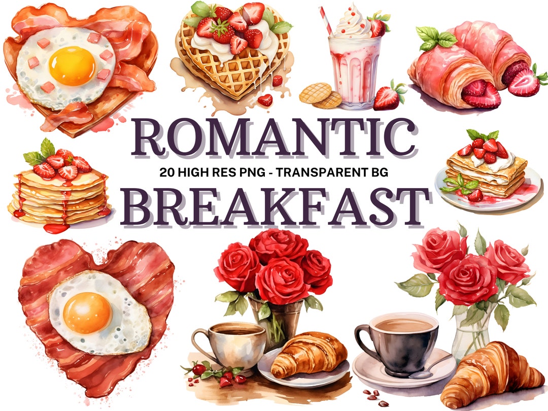 Valentine's Day Breakfast Clipart Set, 20 Watercolor Breakfast Clipart ...