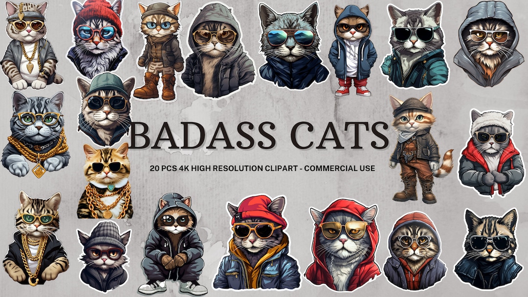 Badass Cat SVG PNG Collection | Watercolor Badass Cat Clipart | Badass ...