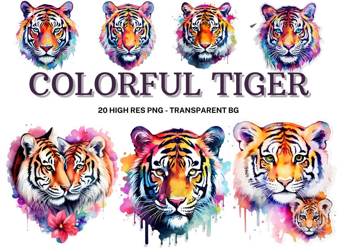 Colorful Tiger Clipart Set, 20 Watercolor Colorful Tiger Clipart ...